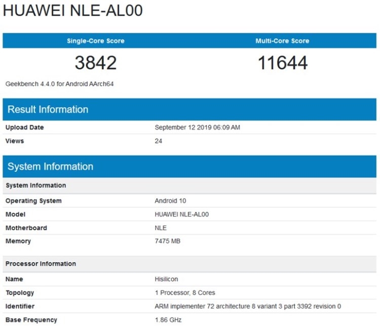 Smartphone Huawei NLE-AL00 com um chip Kirin 990 e 8 GB de RAM, visto ...